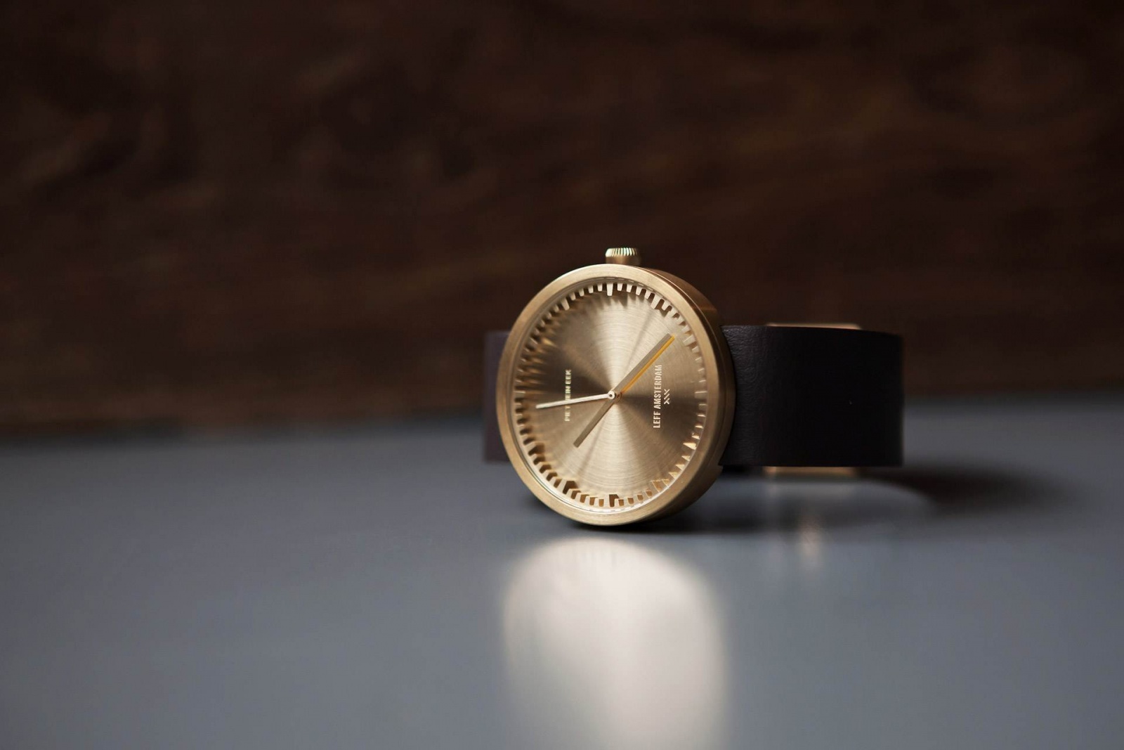 tube watch D42 - brass with brown leather strap 42mm - LEFF amsterdam